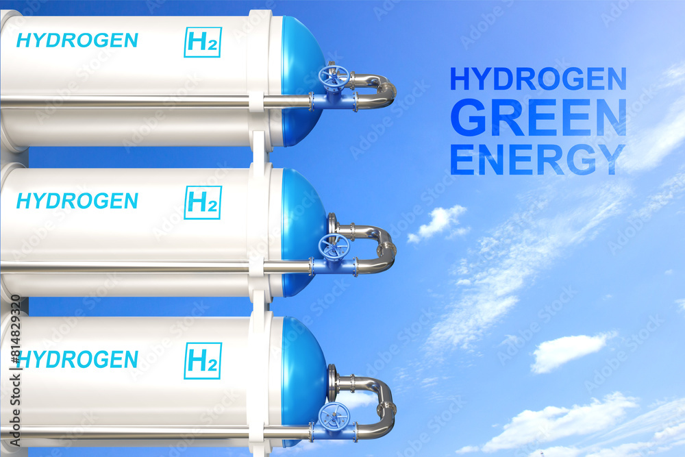 Hydrogen energy plant concept. Hydrogen gas storage tanks for clean electricity. Hydrogen ...