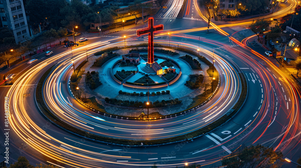 A Christian cross at the center of a roundabout in a modern city, with ...