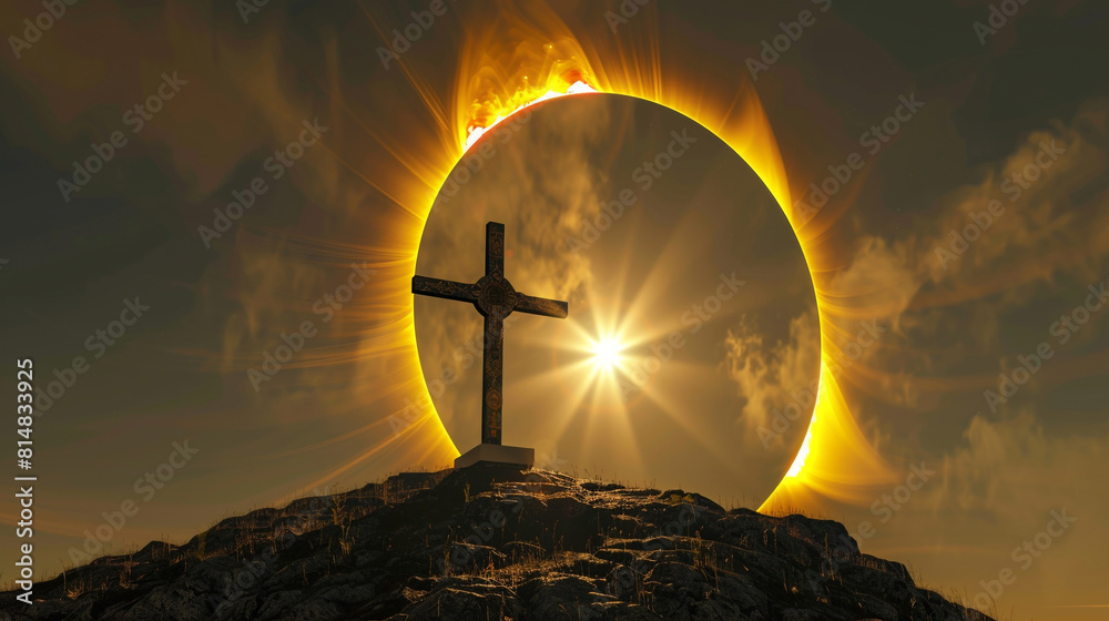 A Christian cross on a hill during a solar eclipse, with the corona of ...