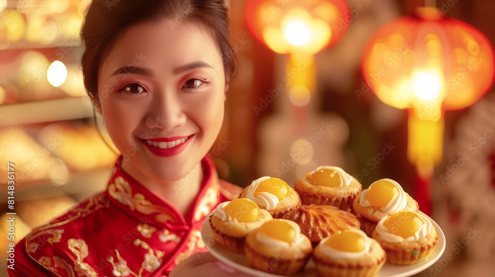 Chinese woman gracefully holding a plate of traditional Chinese ...