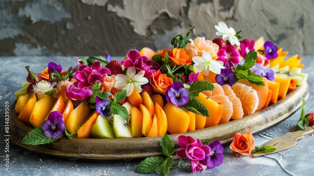 festive fruit tray adorned with edible flowers and mint leaves, adding ...