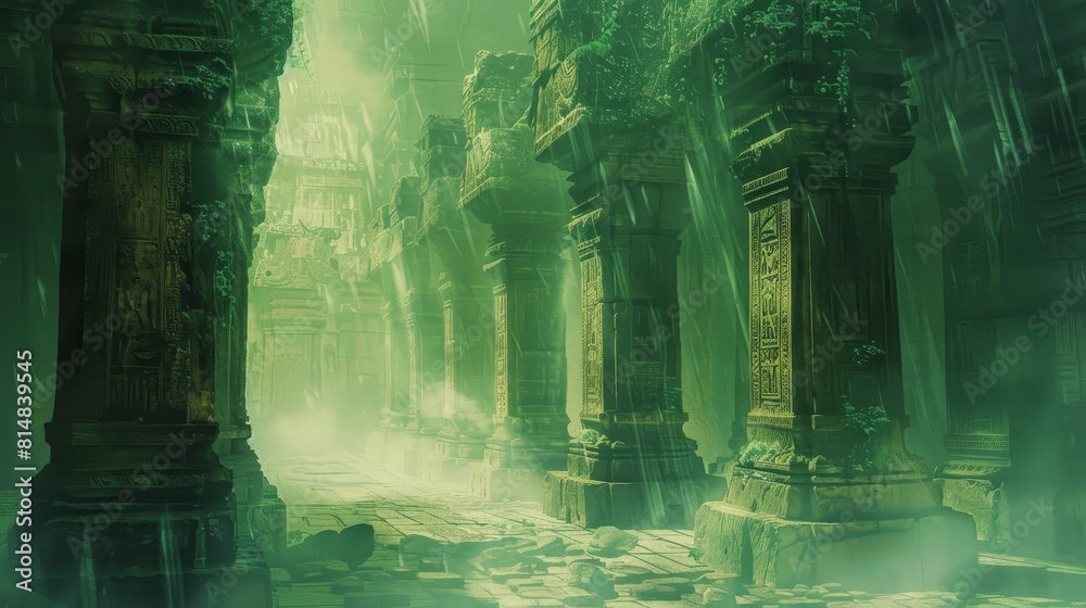 Ancient misty temple mossy green and earthy brown hues merge with ...