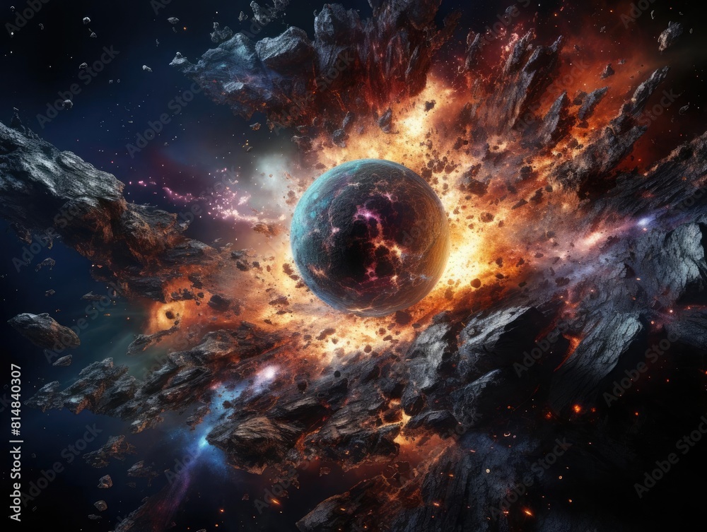 Cosmic debris orbiting a newly formed planet, top view, depicting ...