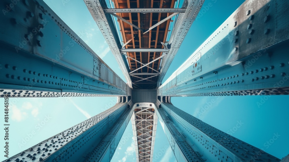 Lattice of steel beams forming the structure of a high steel bridge ...