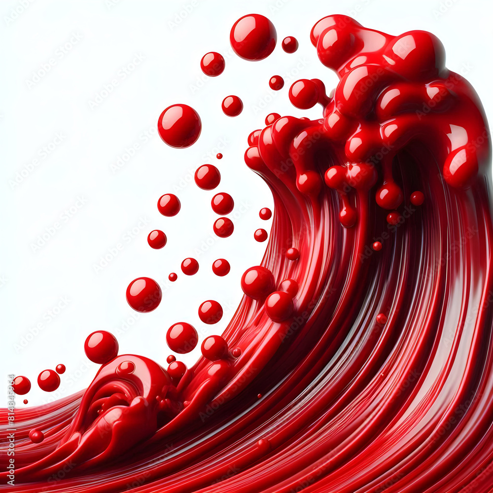 thick red paint liquid and small bubbles isolated on a white background ...