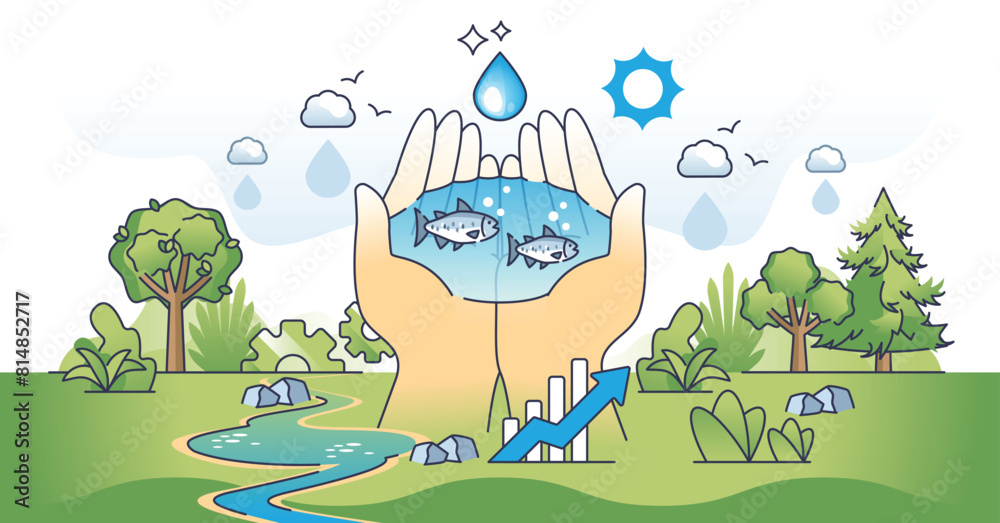 Water preservation to save wildlife and fresh water outline hands ...