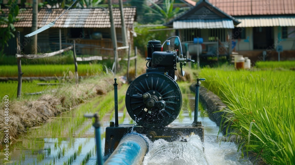 a rice paddy field, where an electric water pump sprays white rice ...