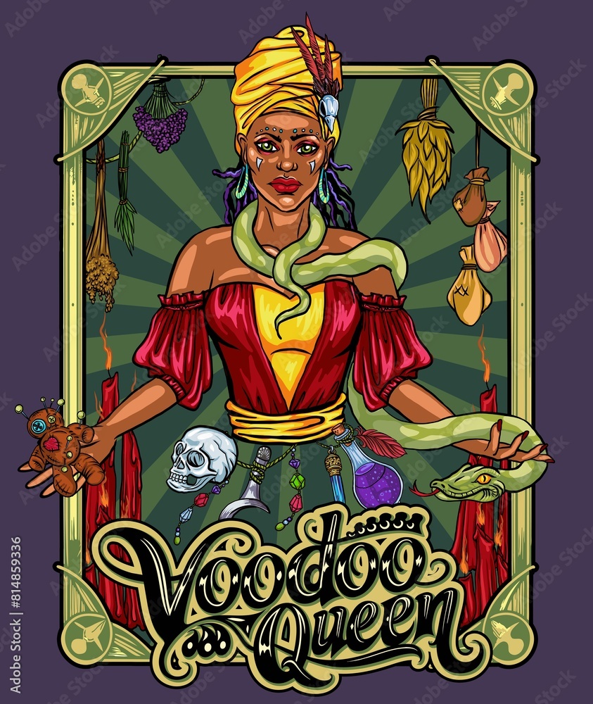 Voodoo queen, ritual voodoo doll and magic ball. cartoon illustration ...