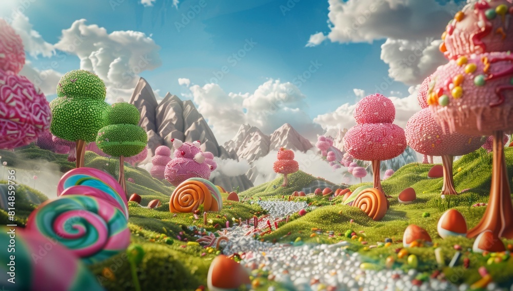 A fantasy candy land with trees made of lollipops, colorful mountains ...