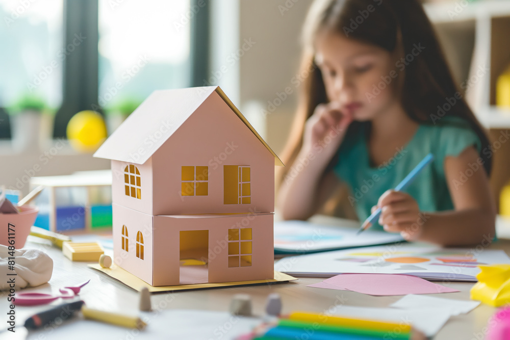 aucasian girl in classroom focusing on crafting a detailed pink paper ...