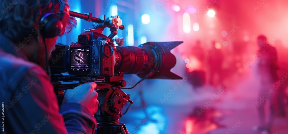 A professional video camera man is shooting on the set of an ...