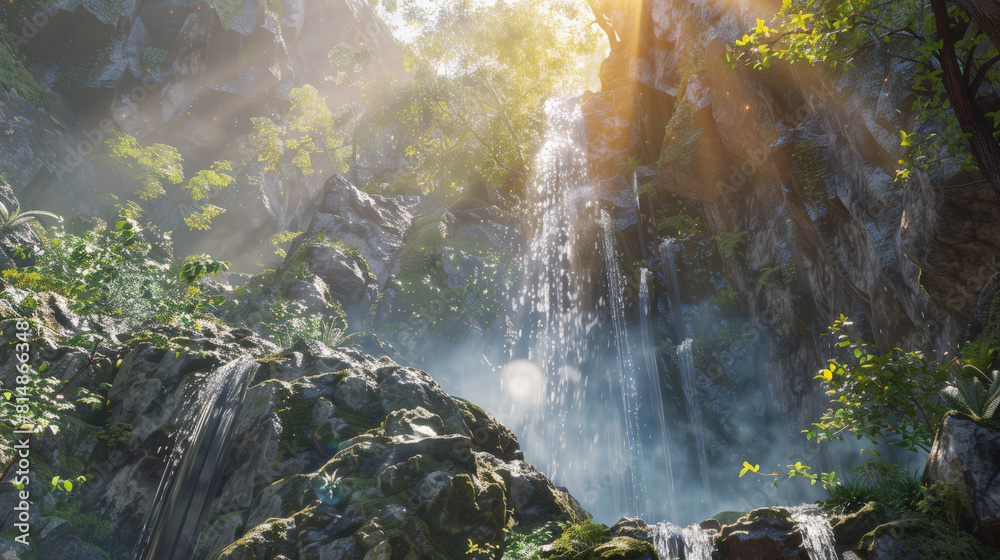 /imagine prompt: An immersive mountain waterfall oasis, secluded and ...