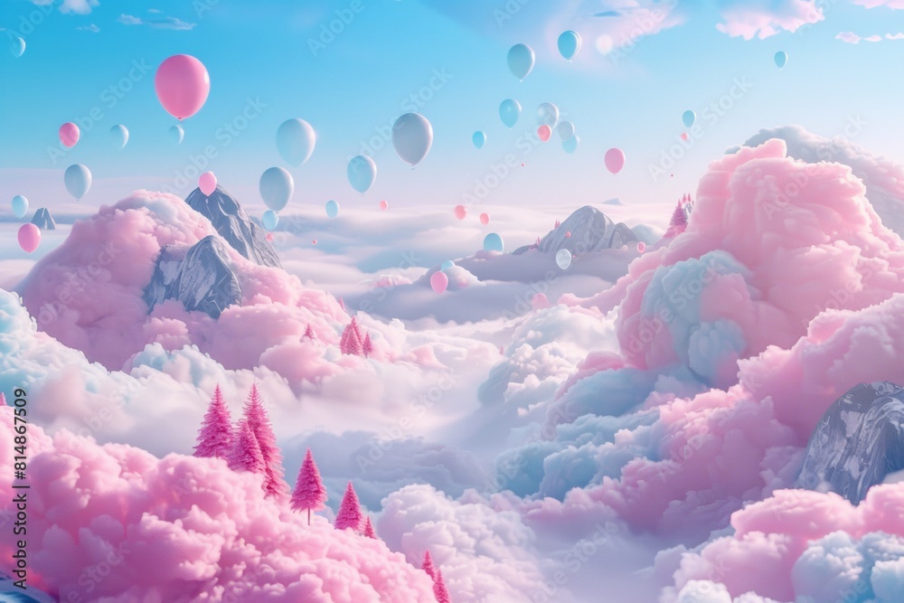 3D rendering of pink and blue cotton candy clouds with small trees ...