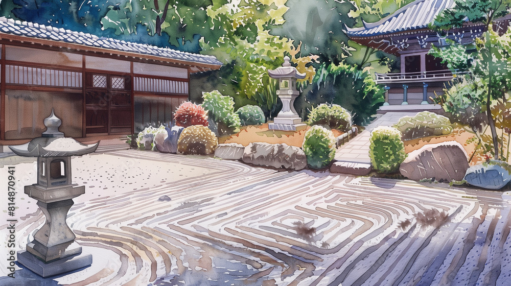 watercolor of A serene Japanese Zen garden , traditional stone lanterns ...