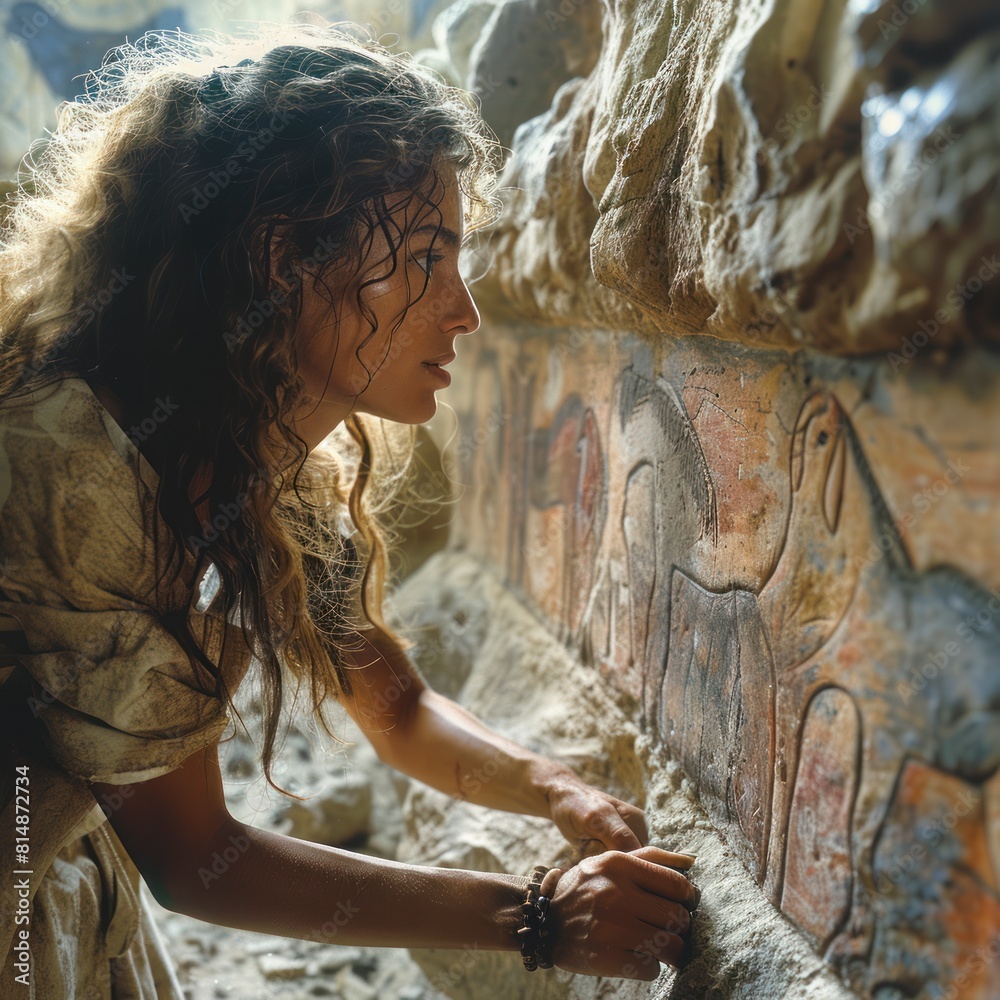 female archeologist analyzing the symbolism depicted in ancient cave ...