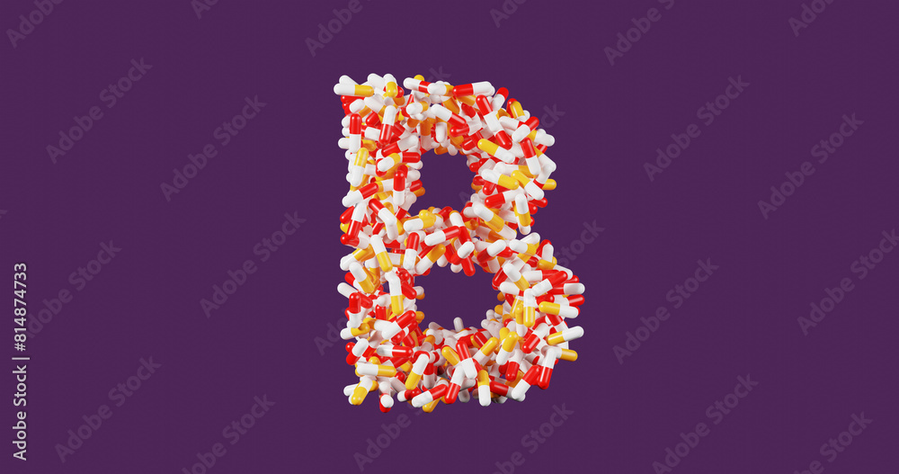 Vitamin B, pills in a red yellow and white shell in the shape of the ...