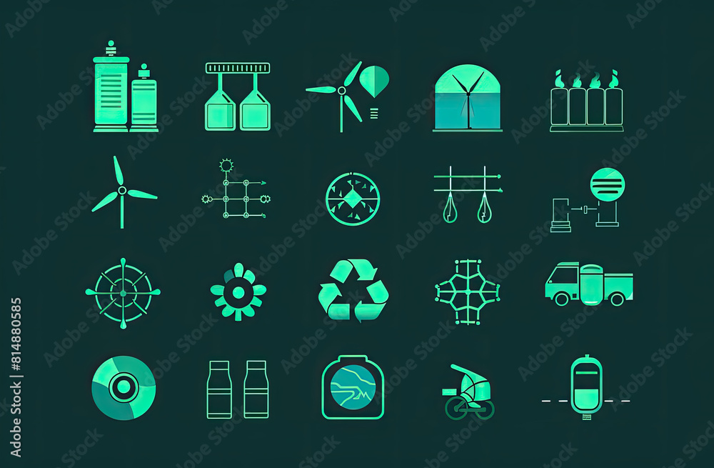Green hydrogen fuel production icons set water electrolysis, hydrogen ...