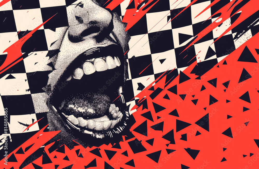 Punk collage Halftonestyle mouth open in a scream Triangles fly out of ...