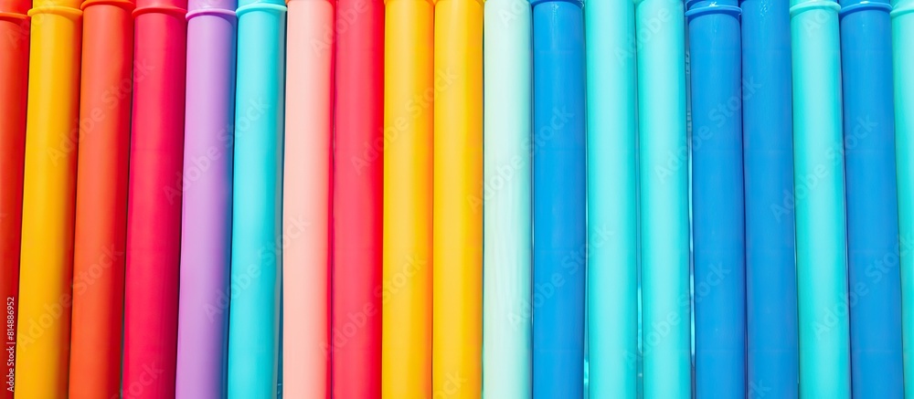 Colorful pool noodles arranged in a top view composition surrounding a ...