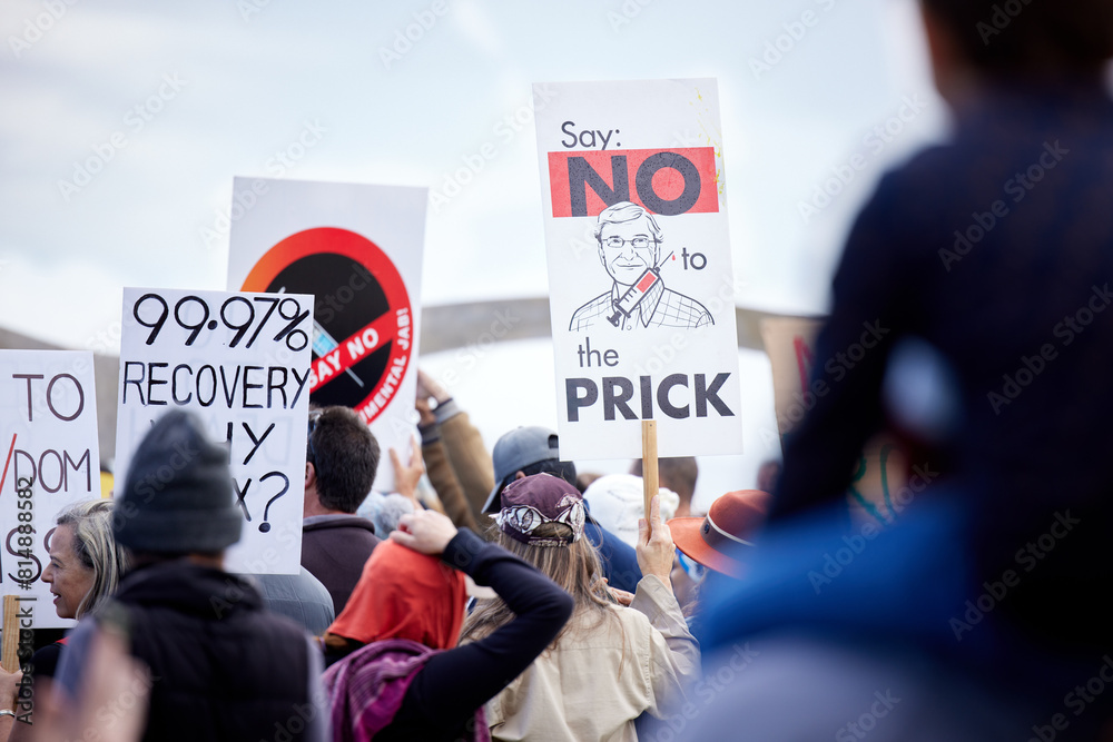 Anti vax, protest and people with posters, sign and fight for human ...