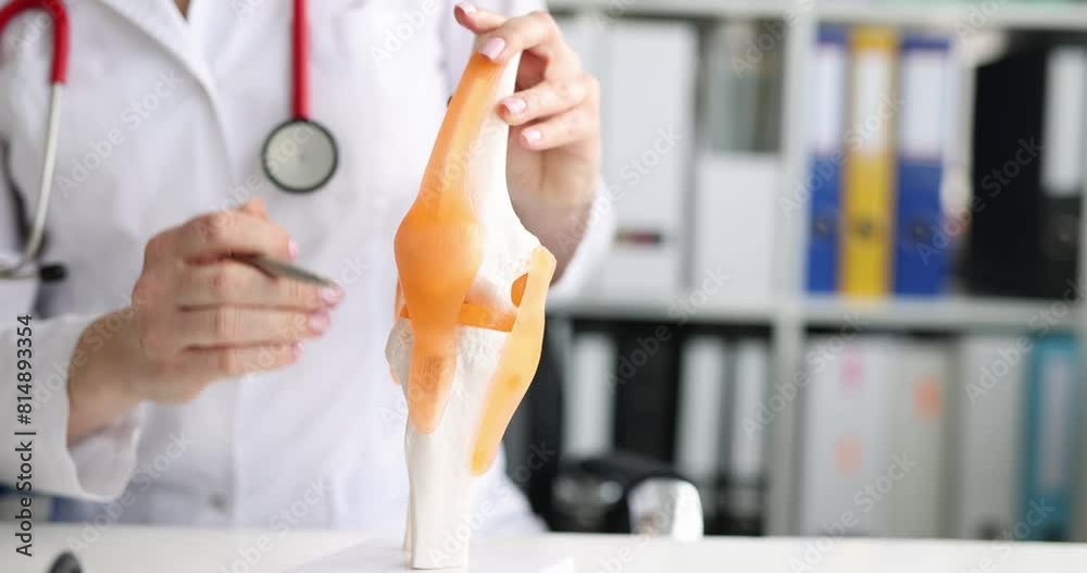 Doctor shows model of human artificial knee joint in medical office ...