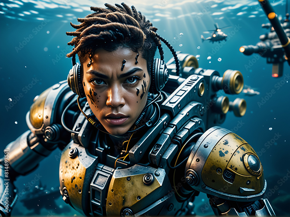 cyborg soldier fighting in underwater in ocean zone using weapon ...