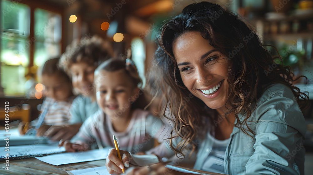Disabled Mother Joyfully Helping Children with Homework: Inclusive ...