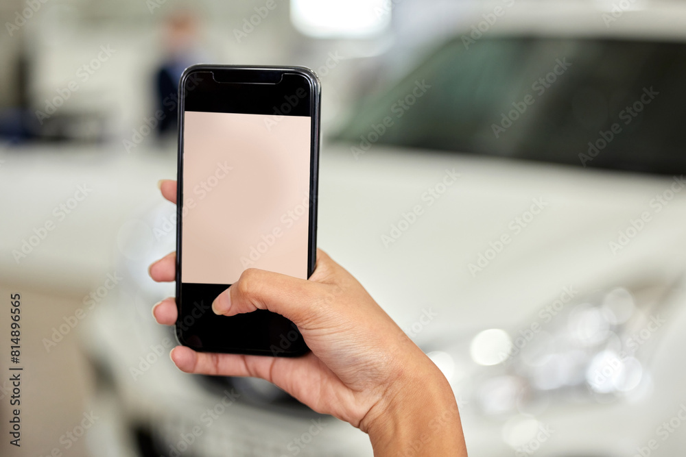 Hand, person and photography of car with phone screen to purchase, test ...
