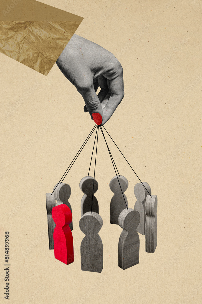 Vertical photo collage of hand hold string people figurine human unity ...