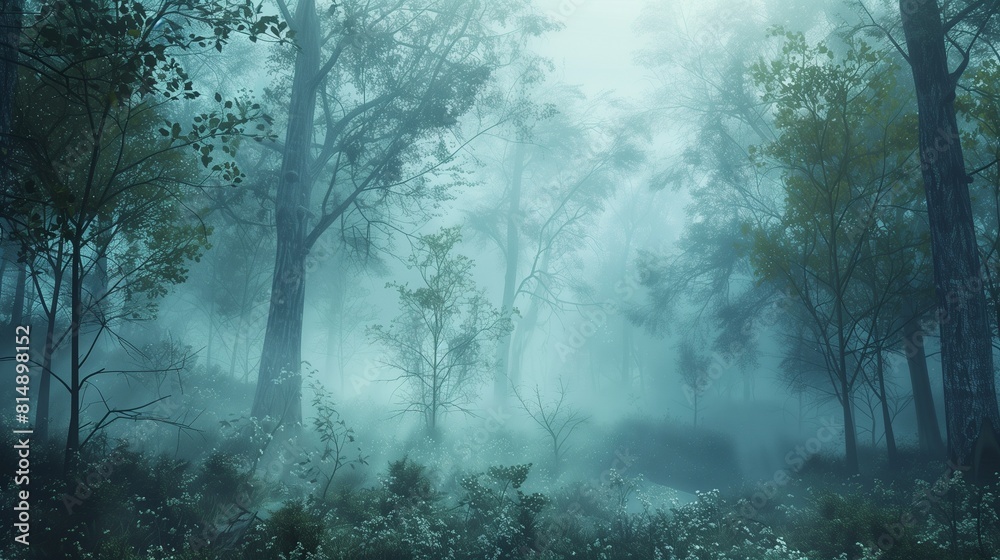 Layers of mist enshroud a mystical forest, creating an abstract ...