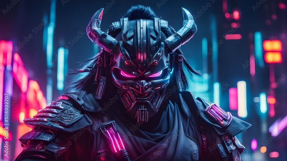 cyber samurai in oni helmet with katana in his hand and cyber city with ...
