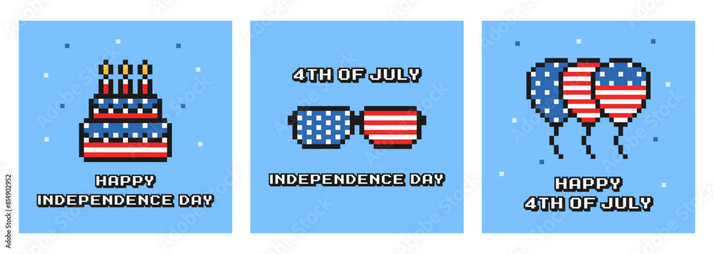 USA independence day pixel art card set, social media post template ...
