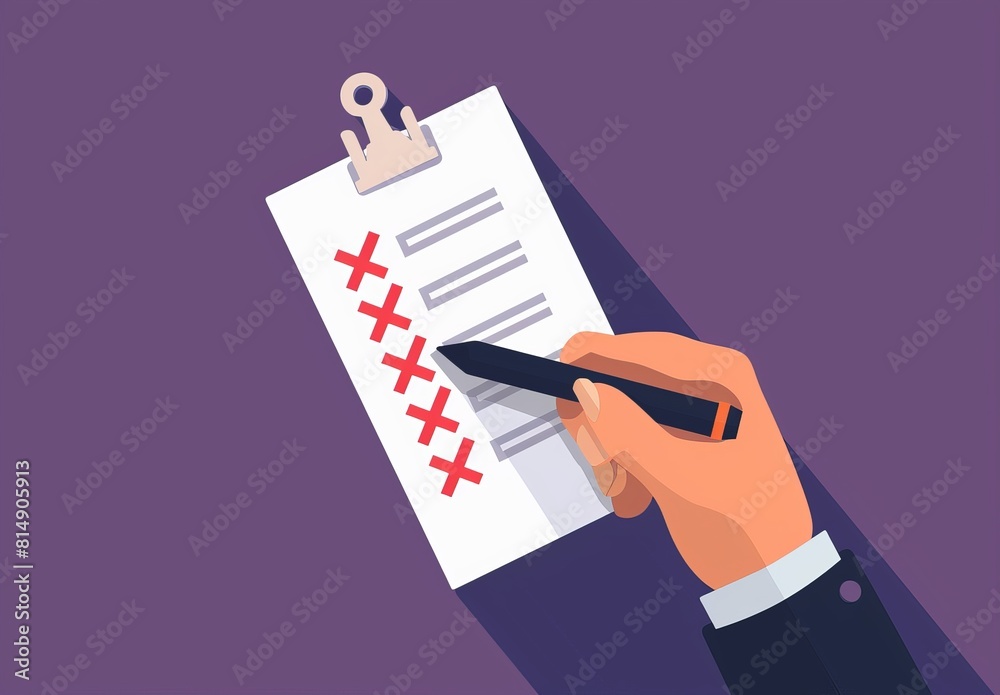 Flat vector illustration of a hand holding a pen and check list with ...