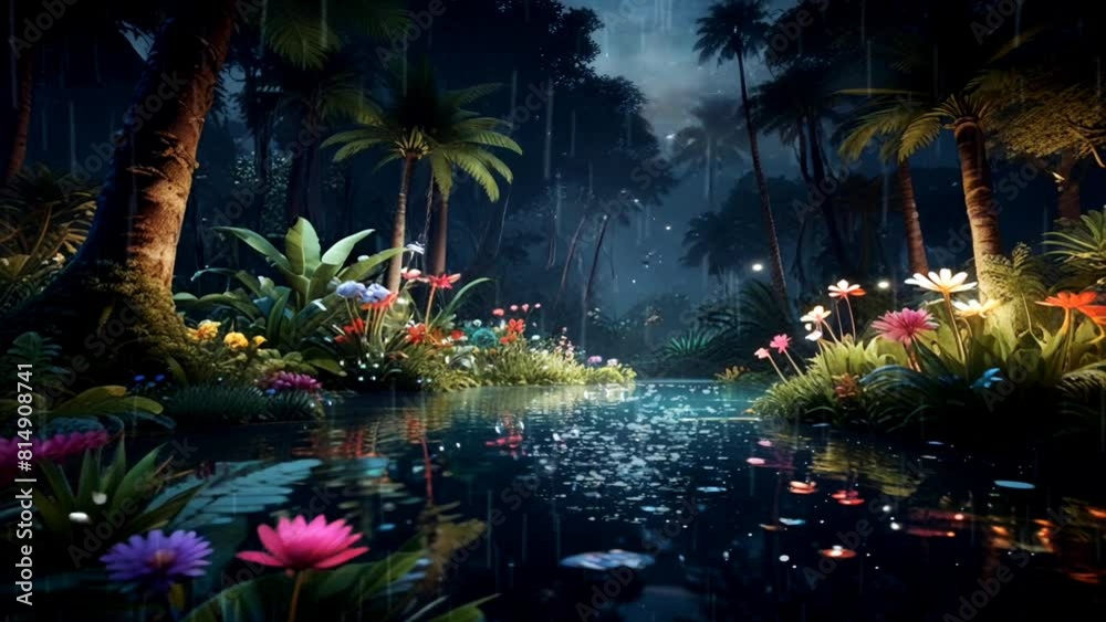 Fantasy view of tropical forest park at night. The forest is decorated ...