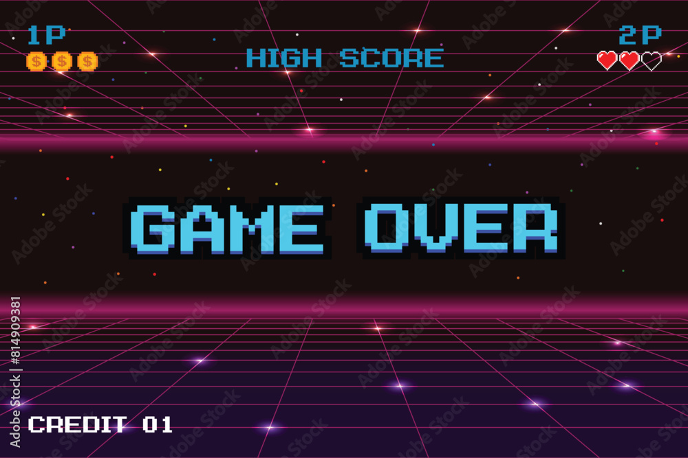 GAME OVER. Synthwave wireframe net illustration. pixel art .8 bit game ...