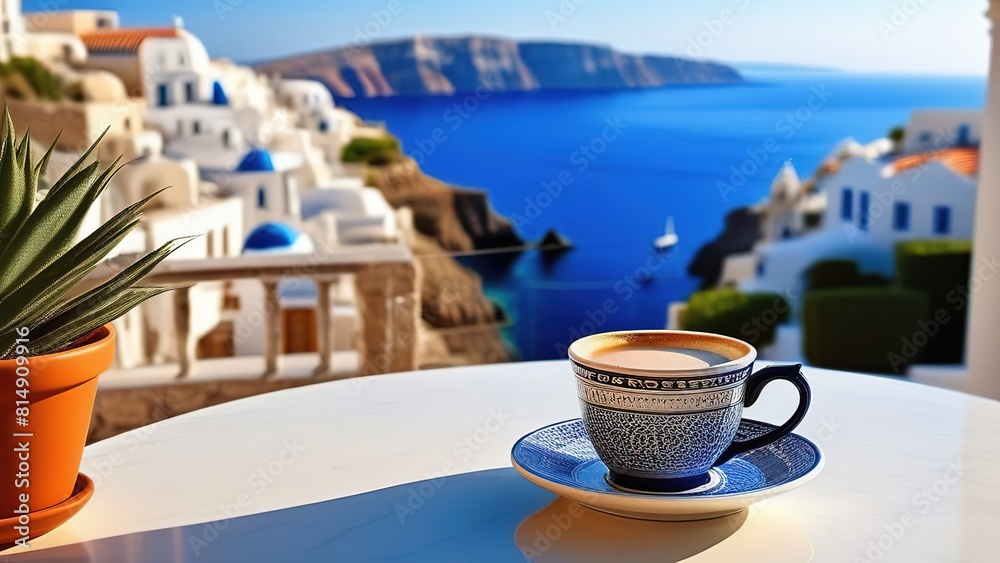 Traditional Greek coffee on the balcony with a beautiful Greek ...