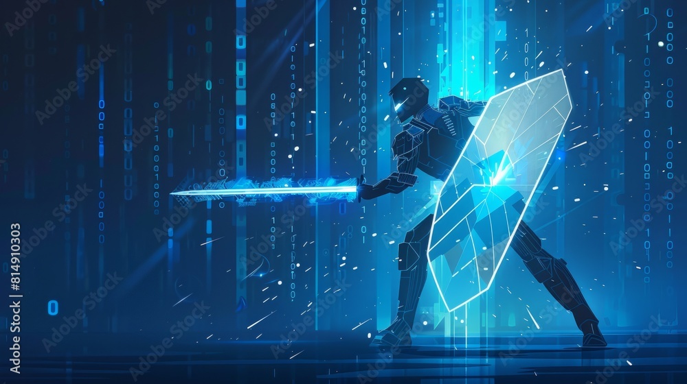 Cyber Security Warrior with Digital Shield and Sword Stock Illustration | Adobe Stock