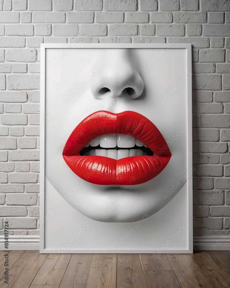 Poster mockup cuadro diseño 3d de unos labios rojos y la parte inferior ...