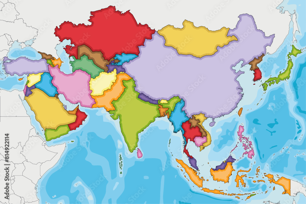 Blank Political Asia Map vector illustration with different colors for ...