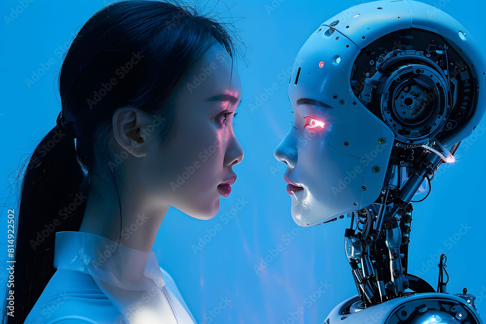 A high-resolution image of a humanoid robot with human skin and ...