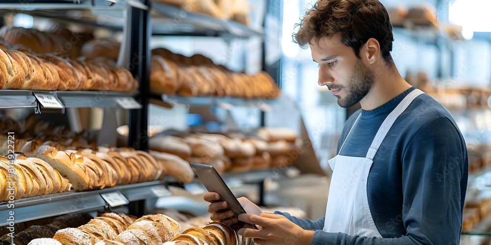 Man manages online orders using devices in bakery for business ...