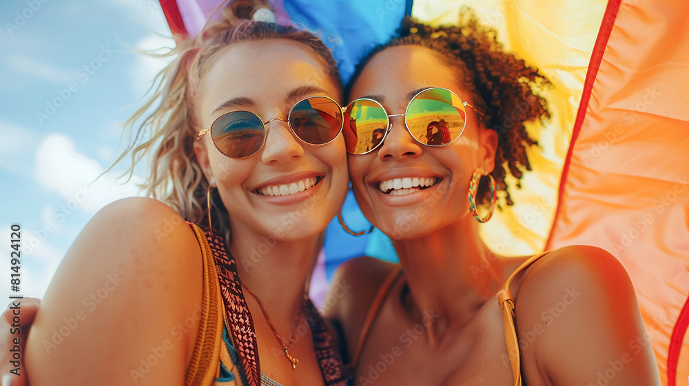 happy LGBT couple on pride parade. Two young smiling girls with LGBT ...