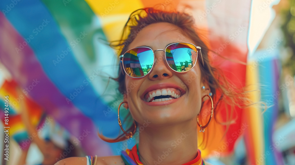 happy LGBT couple on pride parade. Two young smiling girls with LGBT ...