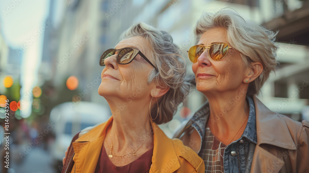 Portrait of senior LGBT lesbians couple walking on a city street. Stock ...