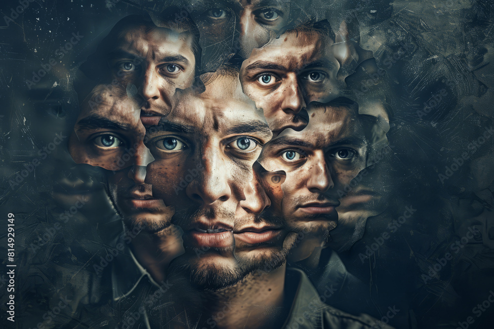Conceptual portrait with man surrounded by his multiple personalities ...