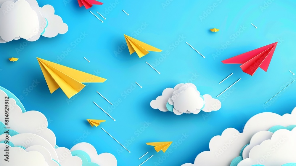 School notebook background. 3d flying yellow, red and blue paper ...