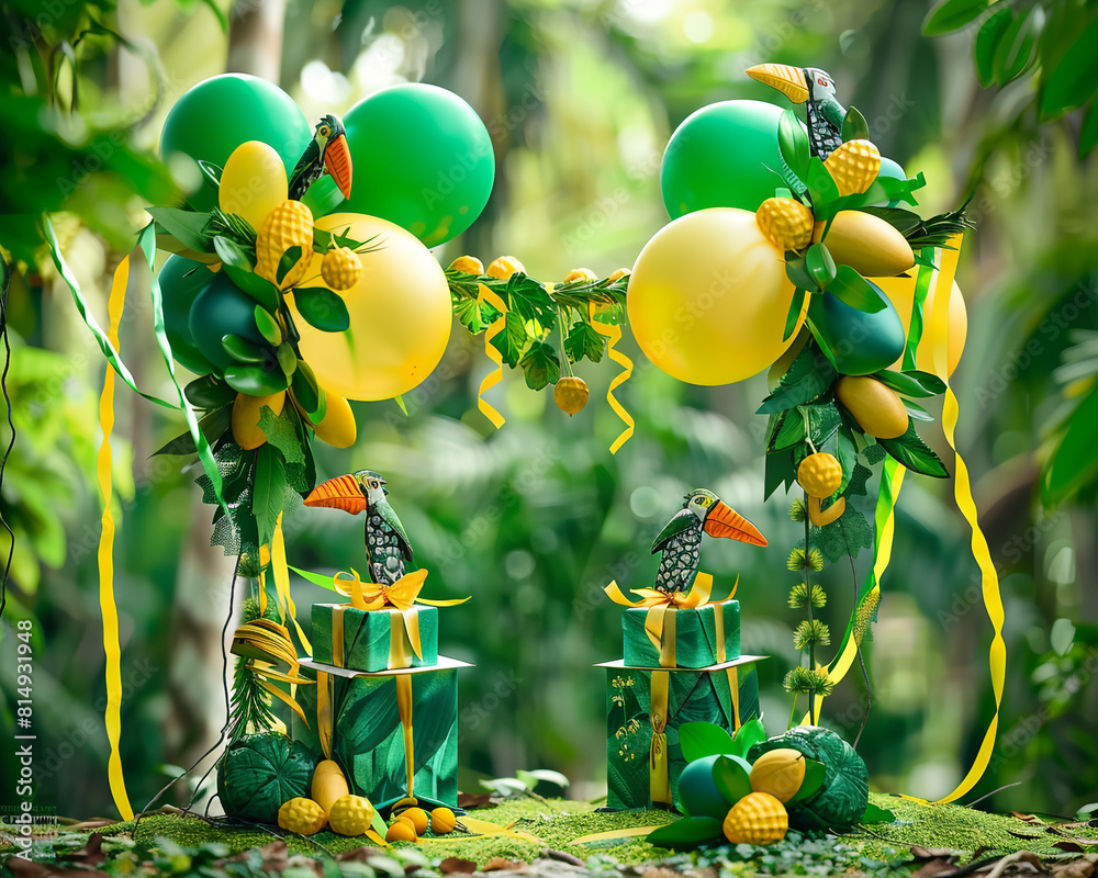 A Brazilian jungle birthday with green and yellow balloons, vine ...