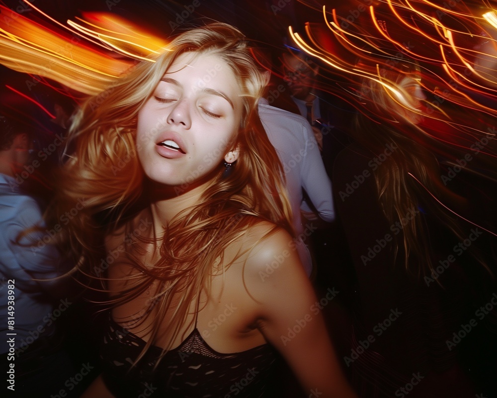 Beautiful Swedish woman dances with her eyes closed in a vibrant ...