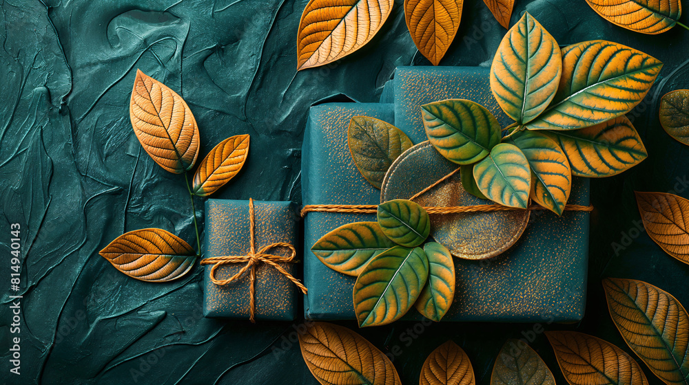 Vibrant green leaves adorning a nature-inspired gift box design with ...