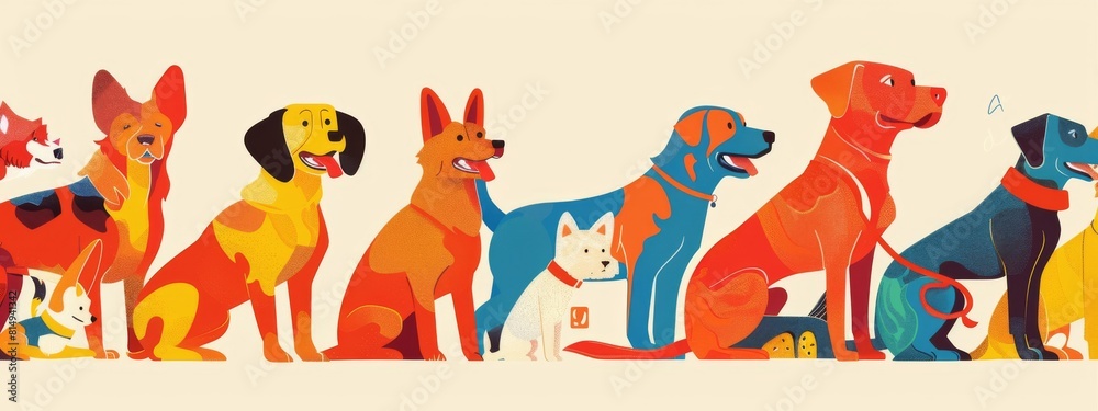 A row of cartoon dogs sit in a line, with the first dog being a white ...